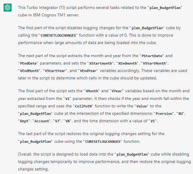 QueBIT Blog: Can ChatGPT understand Planning Analytics / TM1 Turbo Integrator script? Part 2